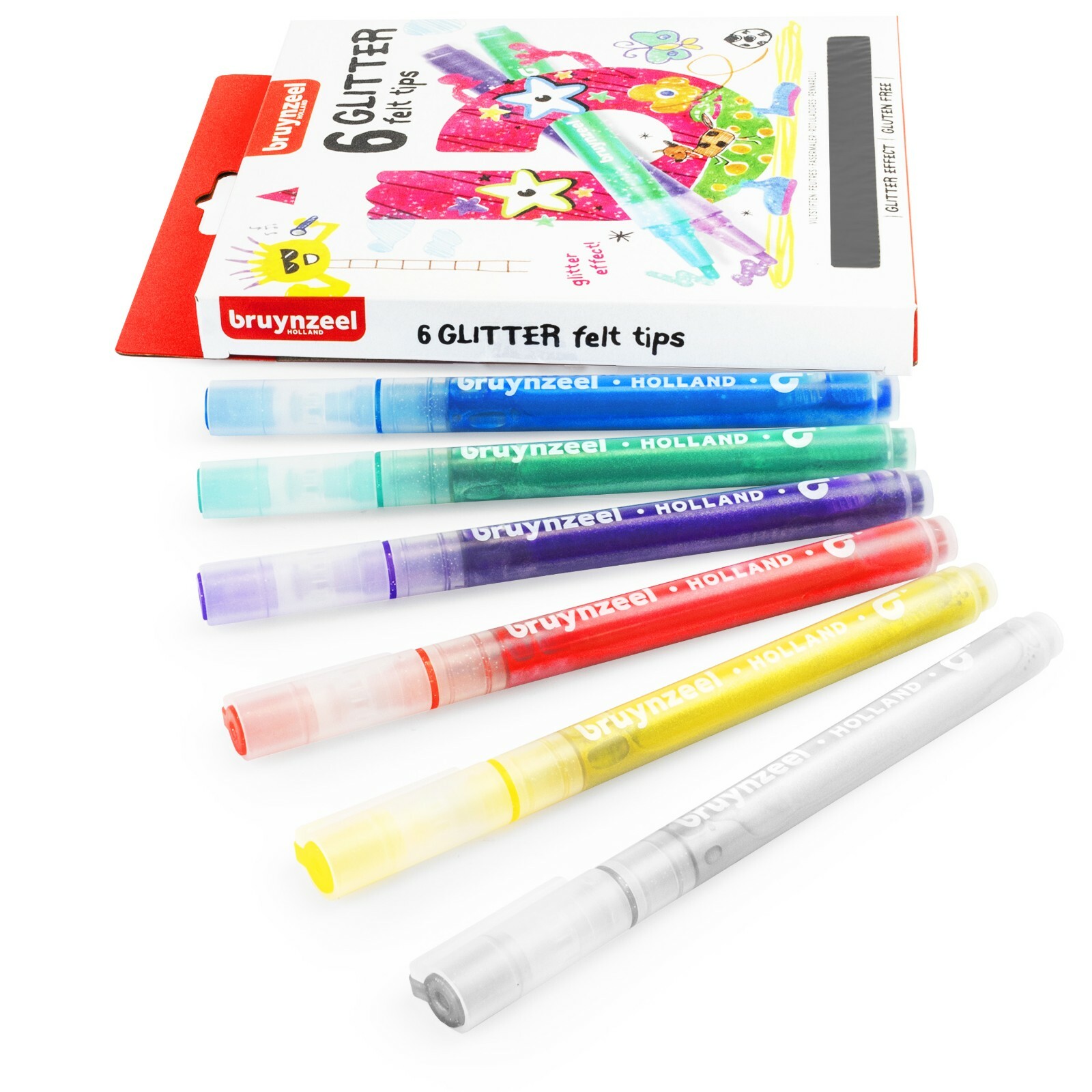 Bruynzeel Glitter Effect Felt Tip Pens - Assorted Colours - Pack of 6 ...