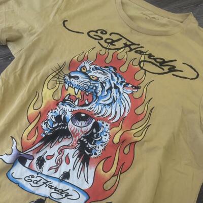 Reprint Ed Hardy 90s Basic Style Yellow Short Sleeve T shirt Unisex ...