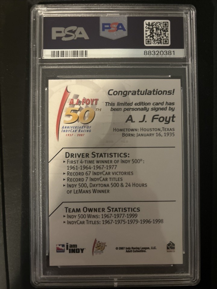 2007 Rittenhouse Indy Car Series - A.J. Foyt 50th Anniversary Auto PSA 10 POP 5! | eBay