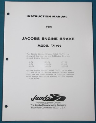 JACOBS MODEL 17 92 ENGINE JAKE BRAKE INSTRUCTION MANUAL | eBay