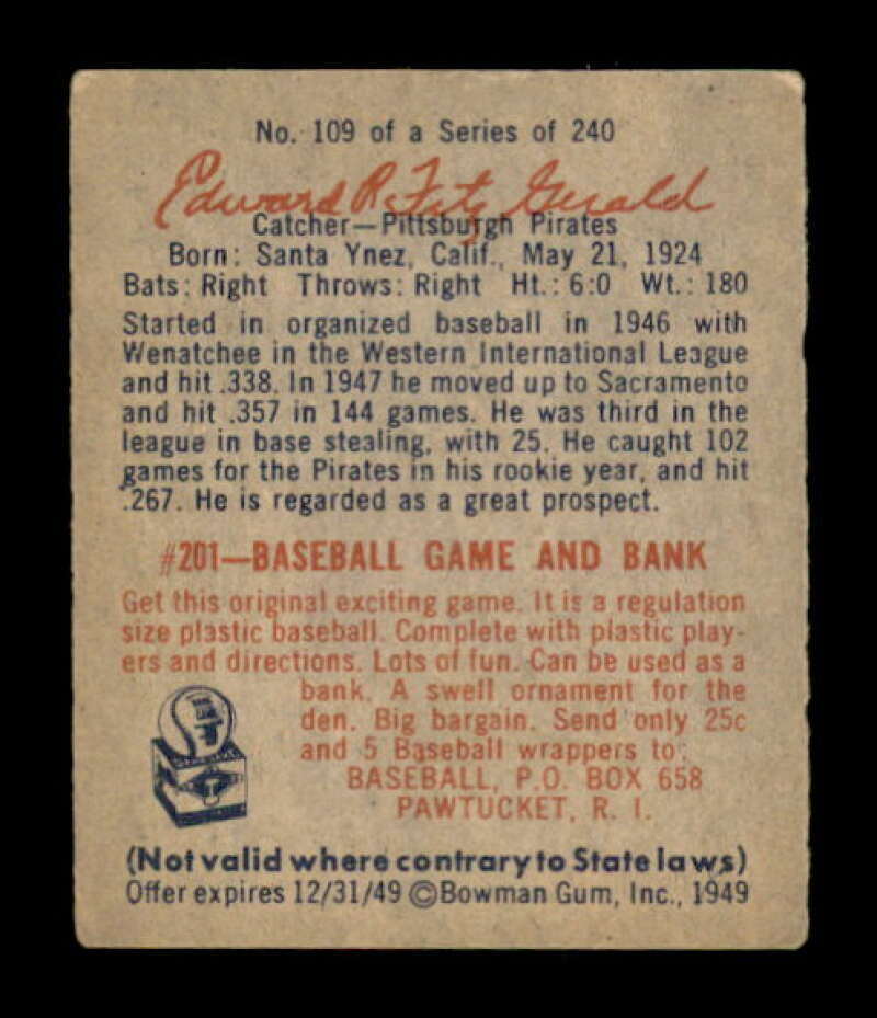 1949 Bowman #109 Ed Fitzgerald VGEX RC Rookie Pirates 550690 | eBay