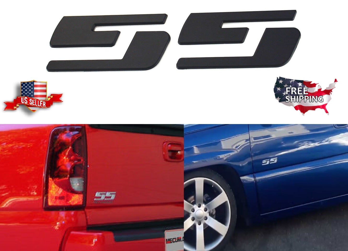 BLACK SS Emblems for Chevy Silverado GMC Sierra 7" x 1.6" BIG Badges ...
