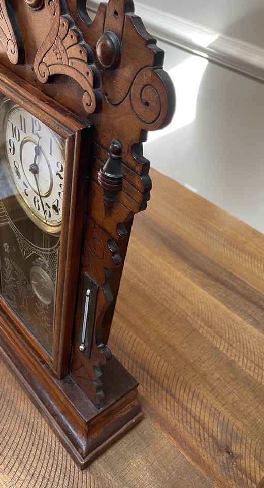 Antique Waterbury Gilbert Carved Wood Parlor Mantle Clock Bird Design ...