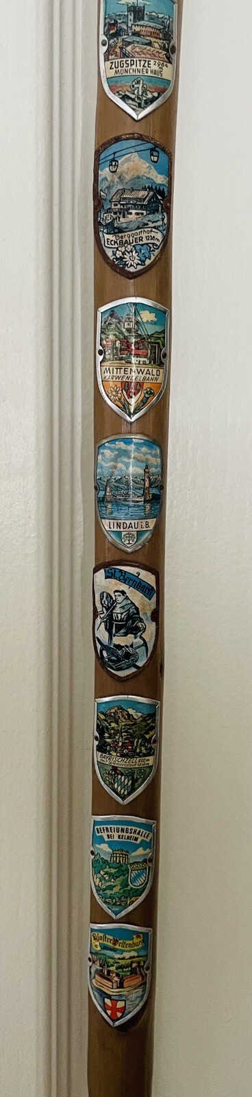 Vintage German Wood Cane Walking Stick with 12 Badges - Gem