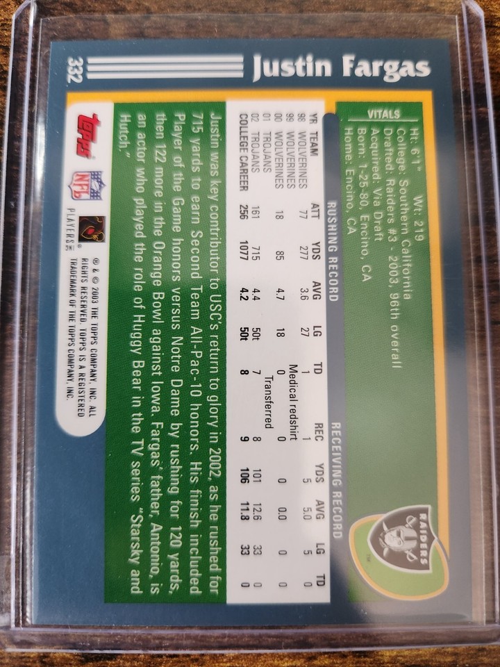 2003 Topps Justin Fargas Rookie RC #332 Oakland Raiders | eBay