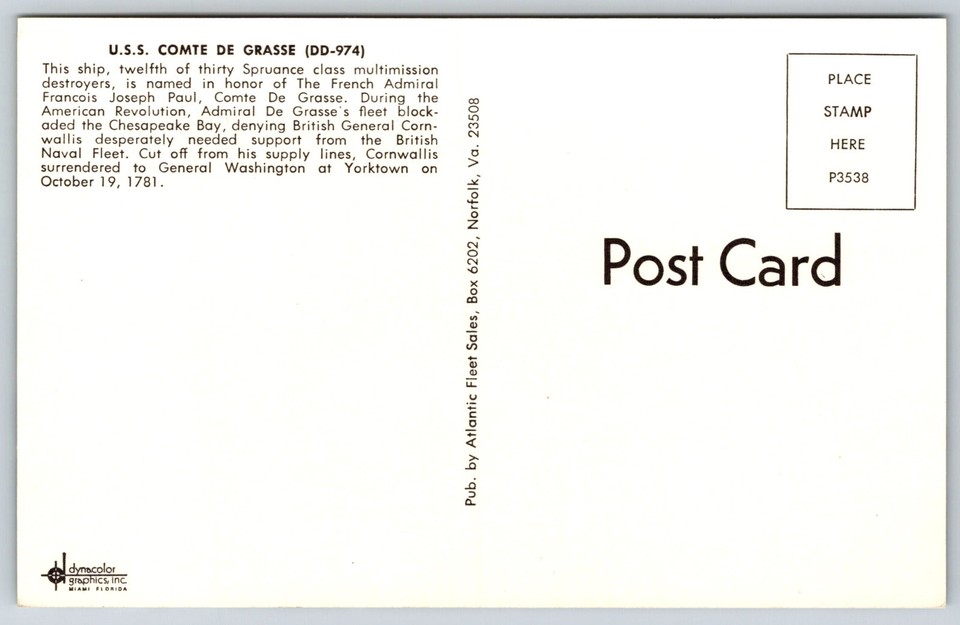 Postcard USS Comte De Grasse DD-974 Destroyer US Navy Ship F12 | eBay