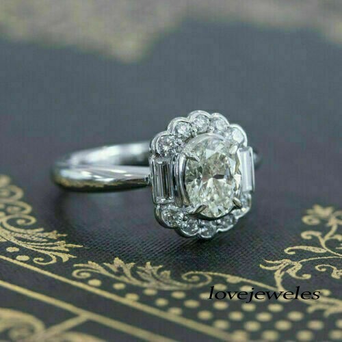 Vintage Art Deco 2.40CT Oval Cut Real Moissanite 925 Silver Engagement ...