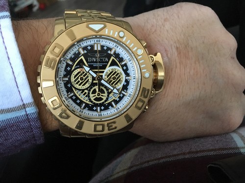 Invicta Sea Hunter III Black 70mm Full Sized Swiss 18kt Gold Plated ...