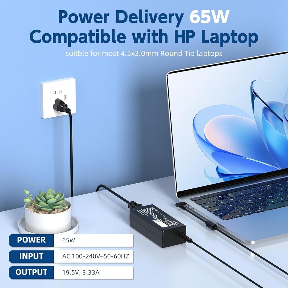 65 watt Laptop Charger for HP(4.5 mm Blue Tip Connector) 3 Prong Cable ...