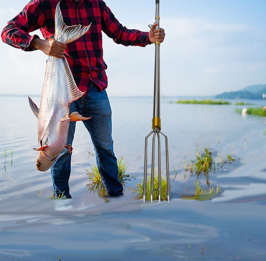 4-tooth stainless steel Barb fishing fork Retractable handle Spear ...