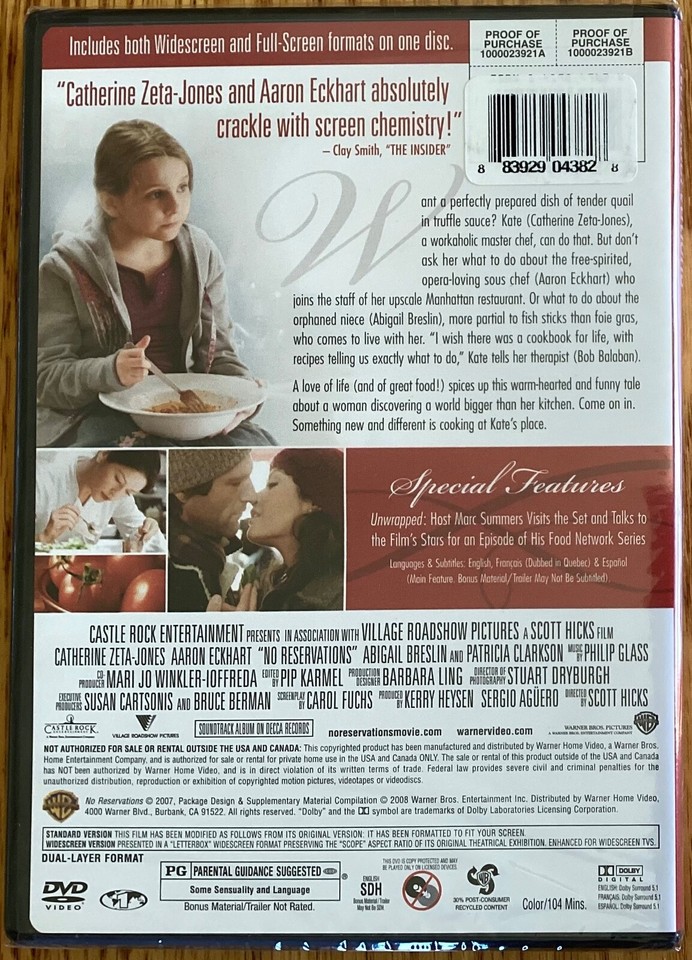 “No Reservations” DVD with Catherine Zeta-Jones, Aaron Eckhart, Abigail ...