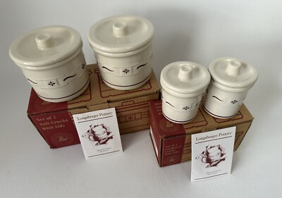LOT Longaberger Pottery Heritage Red, 2 Condiment & 2 Salt CROCKS NEW ...