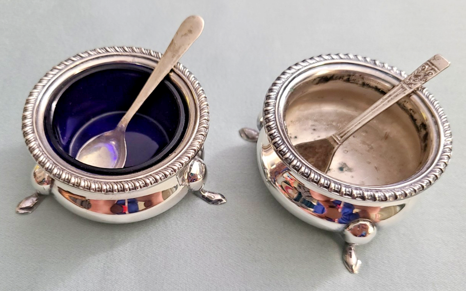 Pair vtg William Adams silverplate open salt cellar, cobalt glass liner ...