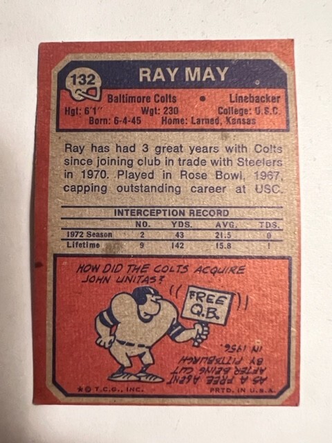 QTY: 1973 Topps Football Ray May ( Baltimore Colts ) #132 - EX/NM | eBay