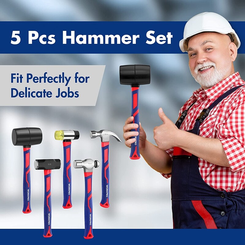 WORKPRO Hammer Set 5PC 16oz Claw Hammer 32oz Rubber Mallet 3lb Sledge ...