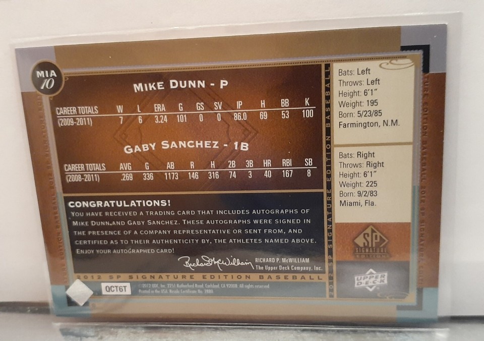 2012 SP Signature Dual Signatures #MIA10 Mike Dunn/Gaby Sanchez Auto ...