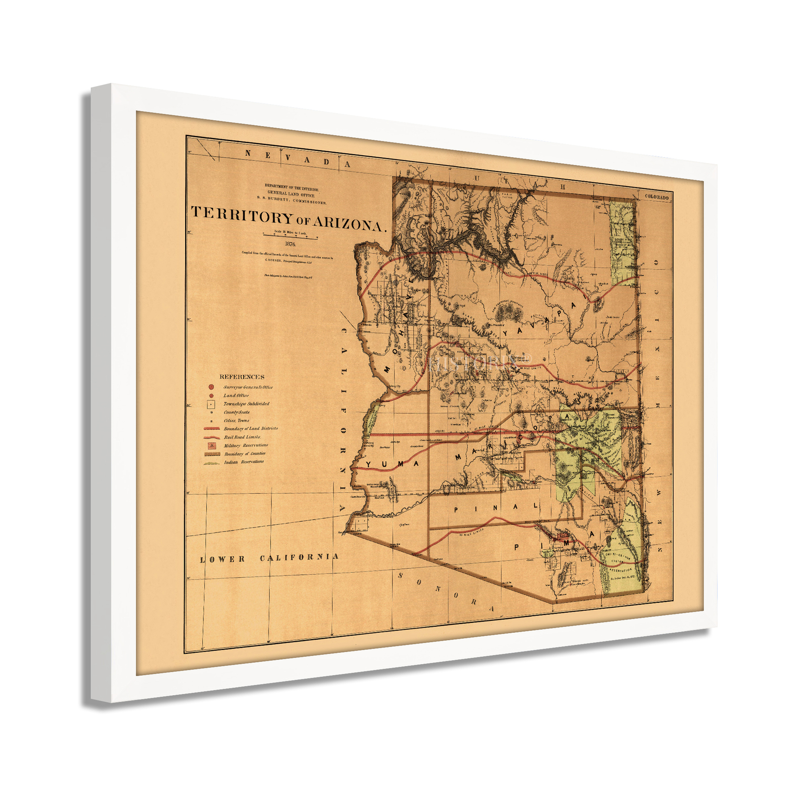 1876 Arizona Map - Framed Vintage Map of Arizona State Territory Wall ...