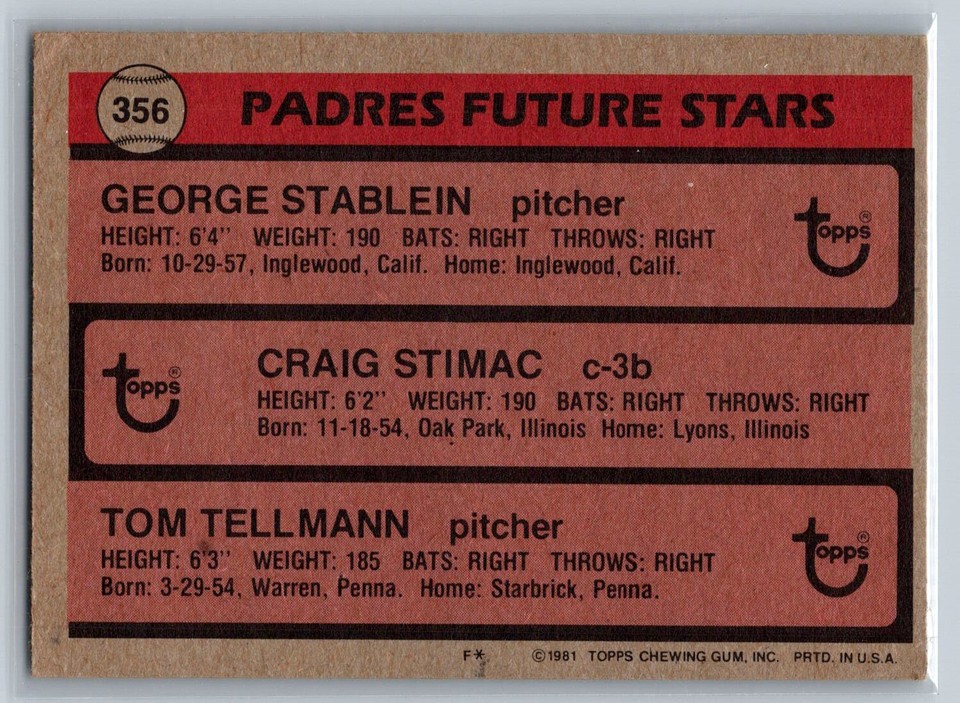 1981 Topps #356 Future Stars Tom Tellman San Diego Padres RC | eBay