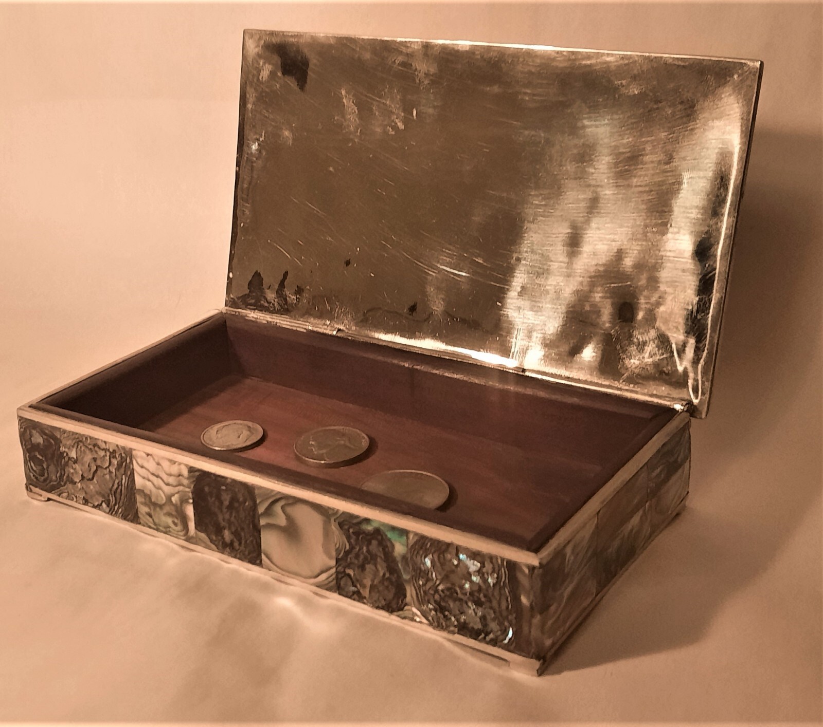 ABALONE vtg mexican silver coin stash box cigarette cigar humidor desk ...