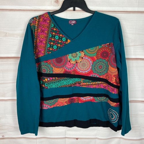Coline Top Womens 3XL Green Mandala Print T-Shirt V-Neck Long Sleeve ...