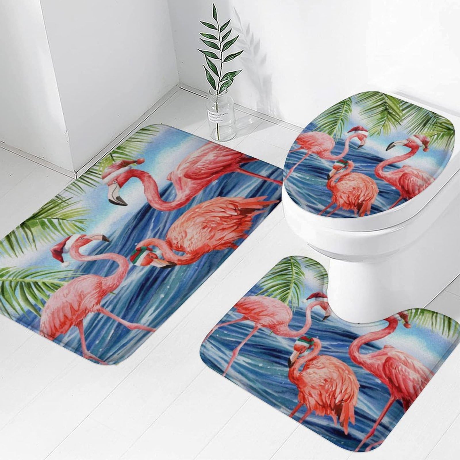 3 Piece Merry Christmas Flamingo Bath Rug Sets Ocean Beach Birds Santa ...