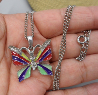 Vintage Butterfly Pendant Necklace Cloisonné Enamel Rhinestone Bug ...