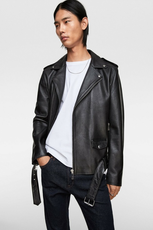 New Zara Genuine Leather Biker Moto Jacket S Black motorcycle bomber ...