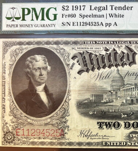 1917 Large Size Legal Tender $2 PMG VF 25 Very Fine FR 60 Speelman ...