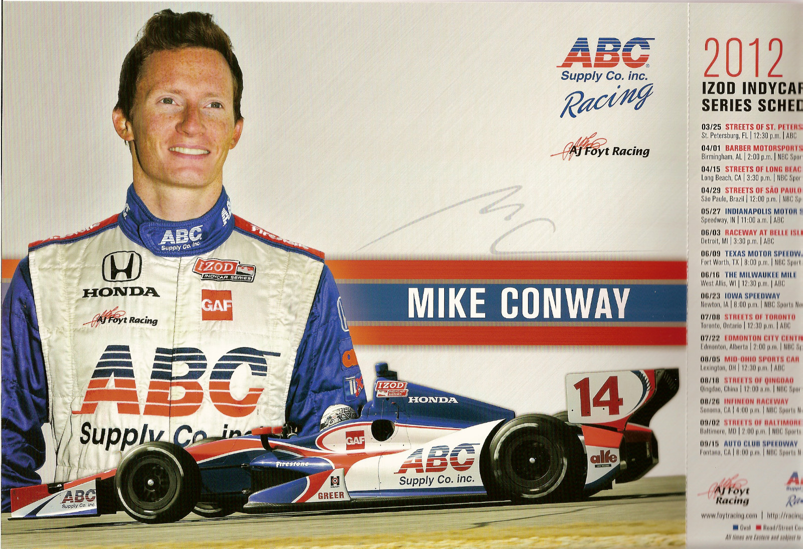 2012 MIKE CONWAY "ABC SUPPLY" #14 IZOD INDY CAR SERIES HANDOUT ...