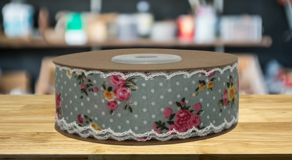 Vintage Floral Shabby Chic Ribbon - 1" x 10 Yards, Blue Gray, Scalloped ...