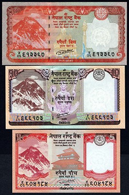5, 10, 20 Nepal Rupee Set of 3 Rastra Bank notes NEW UNC Animals Mt ...