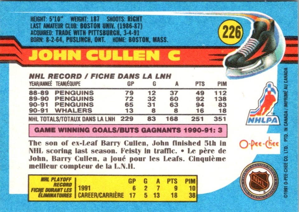 1991 O-Pee-Chee John Cullen #226 Hartford Whalers Hockey Card | eBay