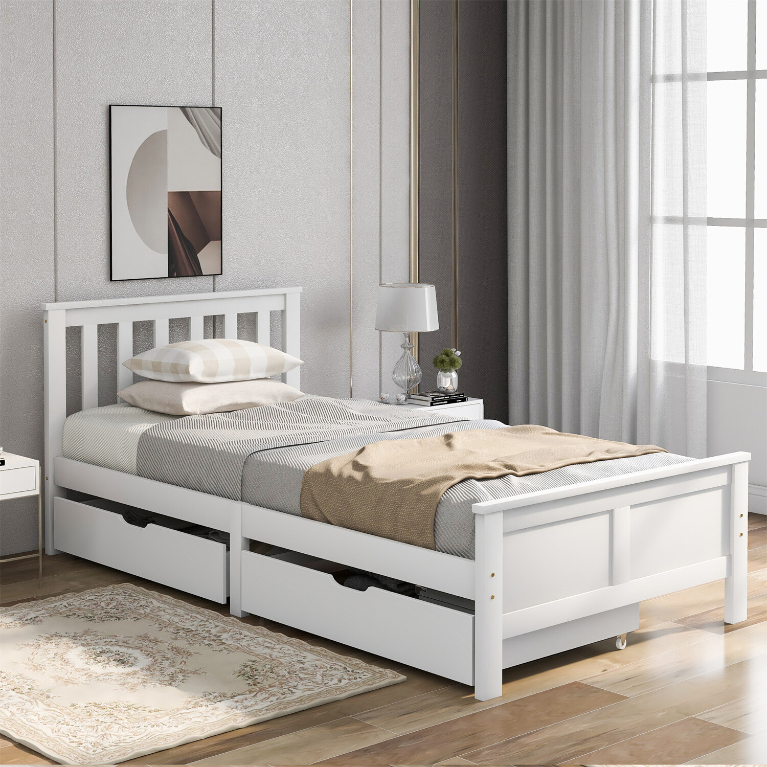 3ft Wooden Single Bed Frame White Solid Wood Bed with Storage Drawers ...