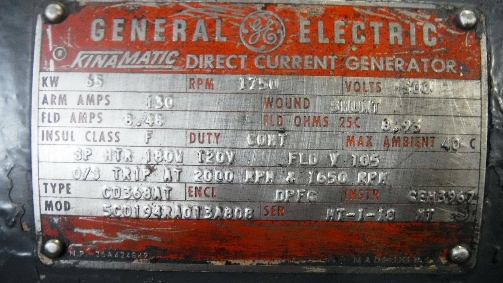 65 KW General Electric DC Generator, 1800 RPM, Fr. 368AT, DPBB, 500 V ...