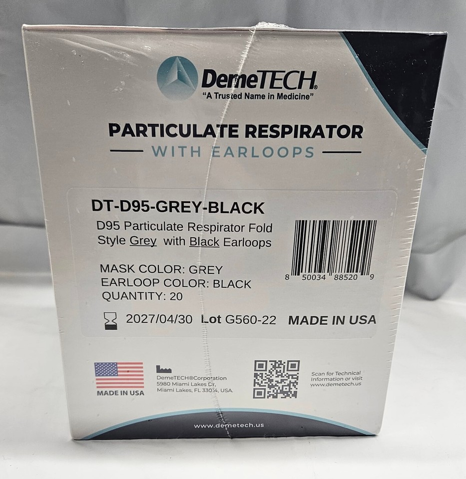 DemeTECH D95 Particulate Respirator Fold w Earloops Grey/Black, 20 pack ...