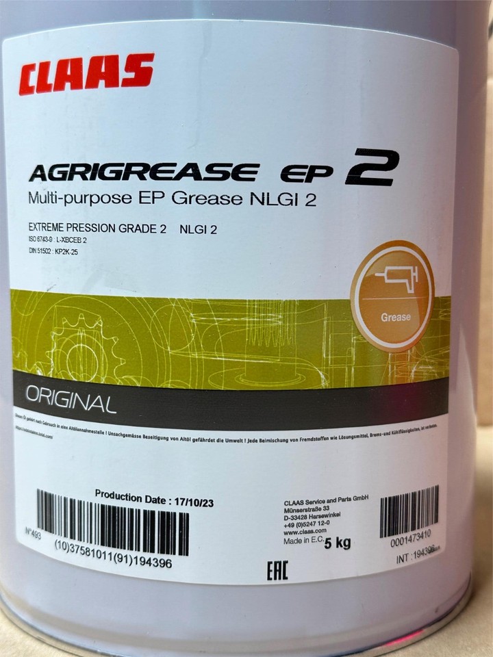 5kg Claas Agrigrease EP 2 Multi-Purpose Ep Grease NLGI Grade-2 Extreme ...