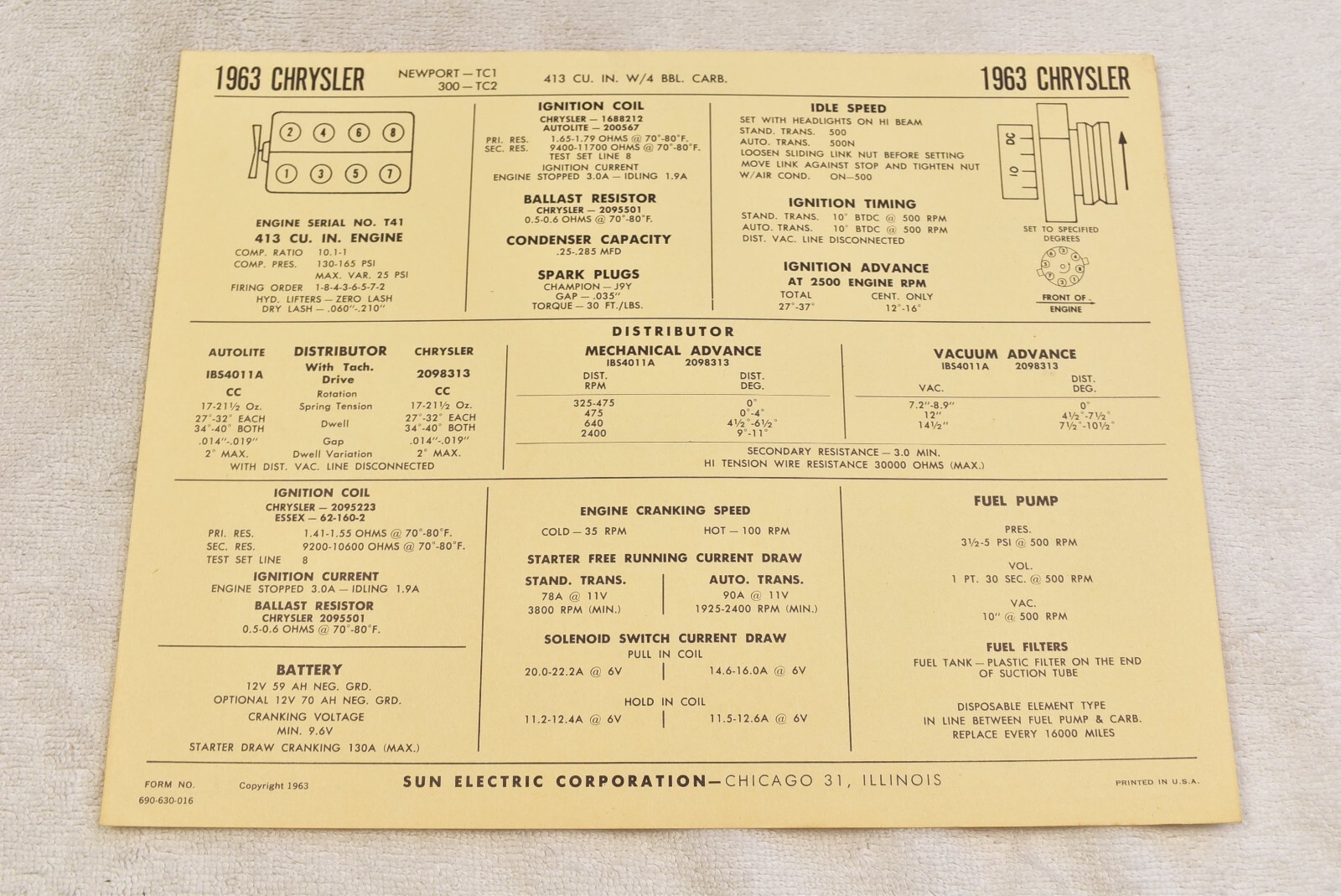 1963 CHRYSLER NEWPORT, 300 8 CYL 413 CID SUN TUNE-UP CHART | eBay