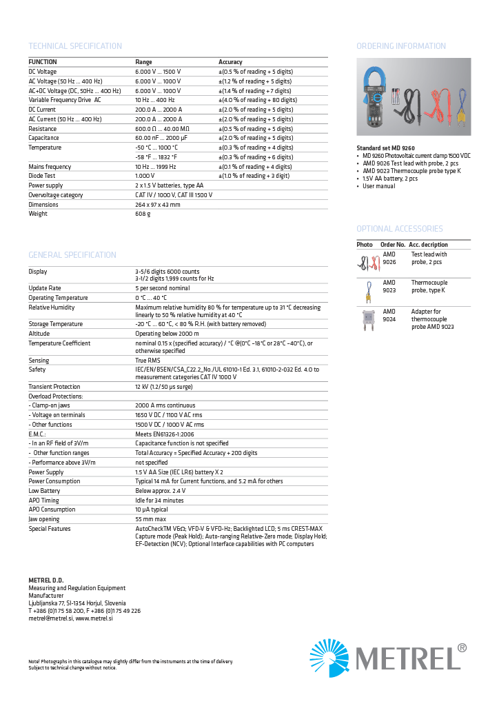 Metrel MD 9260 Photovoltaic Current Clamp PV Clamp Meter 1500V 2000A AC ...