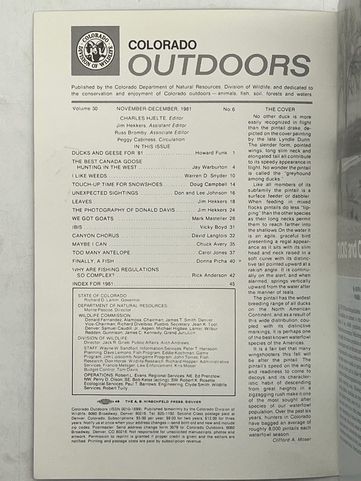 Colorado Outdoors Magazine Nov-Dec 1981 Lyndle Dunn Pintail Drake | eBay