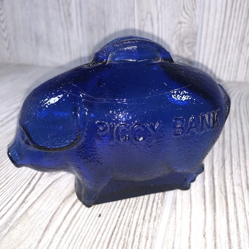 Piggy bank cobalt blue glass pig 5"x4”x2.5" raised words PIGGY BANK | eBay