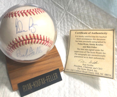 Sandy Koufax, Nolan Ryan, Bob Feller Autograph Baseball New in Box COA ...
