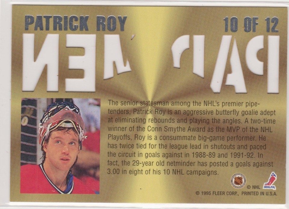 1995-96 Fleer Ultra Patrick Roy Premier Padmen Pad Men Insert Card #10 ...