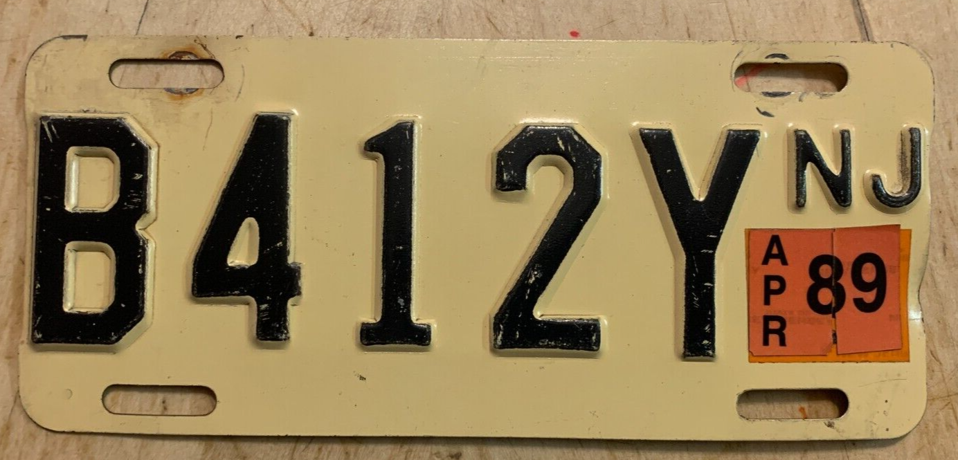 1989 NEW JERSEY MOTORCYCLE CYCLE LICENSE PLATE " B 412 Y " NJ BLACK ON ...