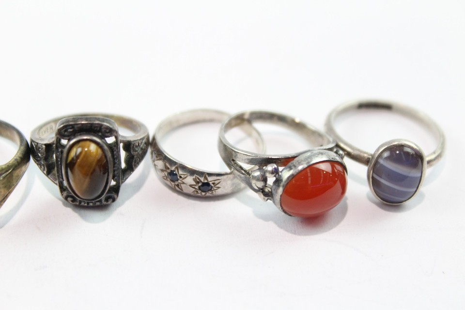Sterling Silver Rings Mid Century Signet Gemstone Agate Tigers Eye x6 ...
