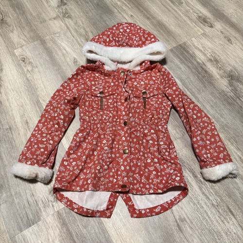 Little Lass Floral Hooded Jacket Faux Fur Trimmed Pockets Girls Size 6 ...