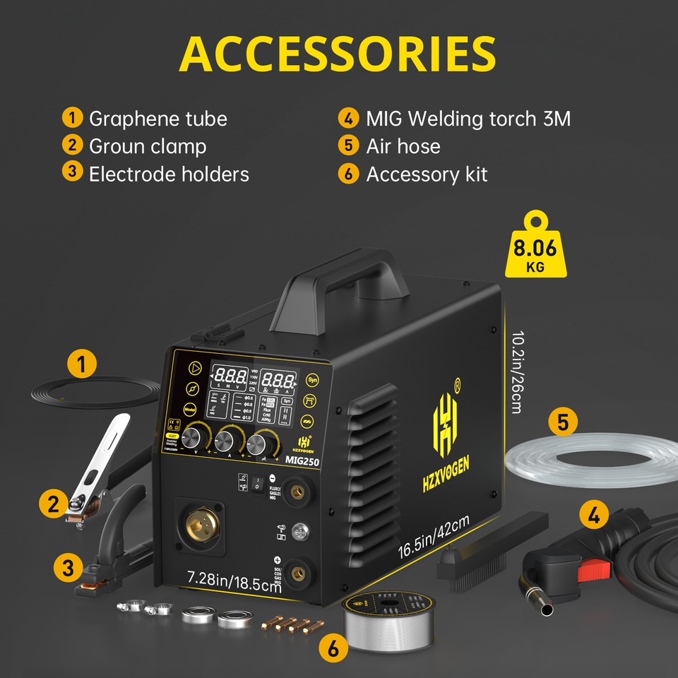 250A 6in1 Aluminum MIG Welder Gas/Gasless MIG Stick Lift TIG/Spool Gun ...