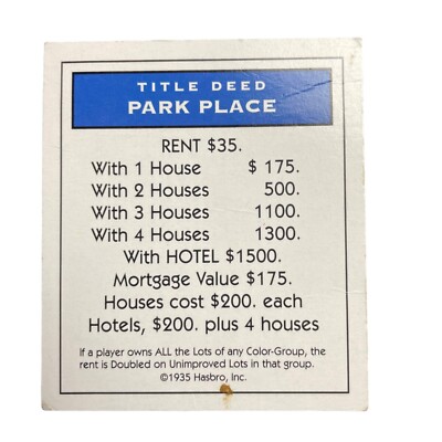 Monopoly Classic Park Place Ave Property Title Deed Card Replacement u ...