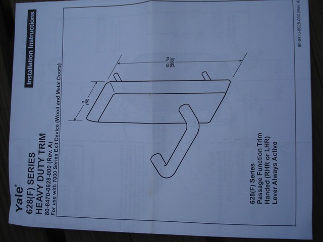 Yale 628F Passage Exit Device Trim RHR Handed Lever Escutcheon 630 ...