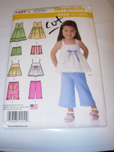 GIRL CHILD CUT SIMPLICITY 1451 SEWING PATTERN DRESS TOP SHORTS PANTS ...