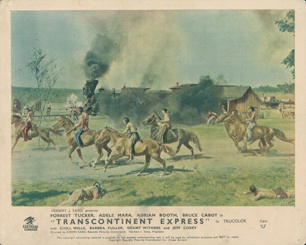 Transcontinent Express original lobby card Indians on horses attack ...